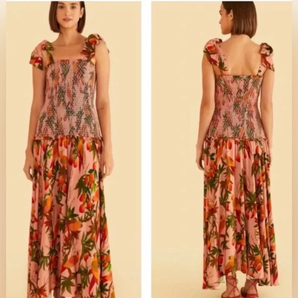 FARM Rio | Dresses | Farm Rio Mango Tree Parrot Smocked Midi Dress Pink ...